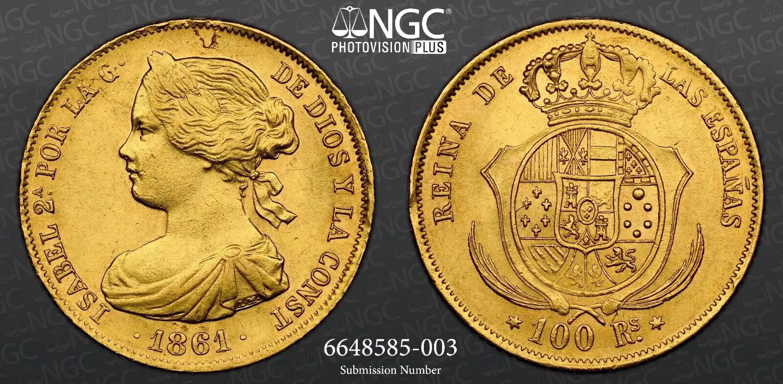 SPAIN 1861 Queen Isabella II. Gold 100 Reales Coin. Madrid! NGC MS 62 ...