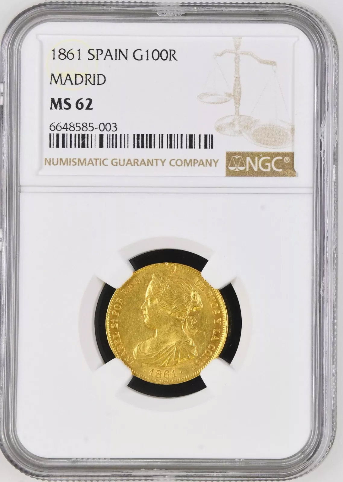 SPAIN 1861 Queen Isabella II. Gold 100 Reales Coin. Madrid! NGC MS 62 ...