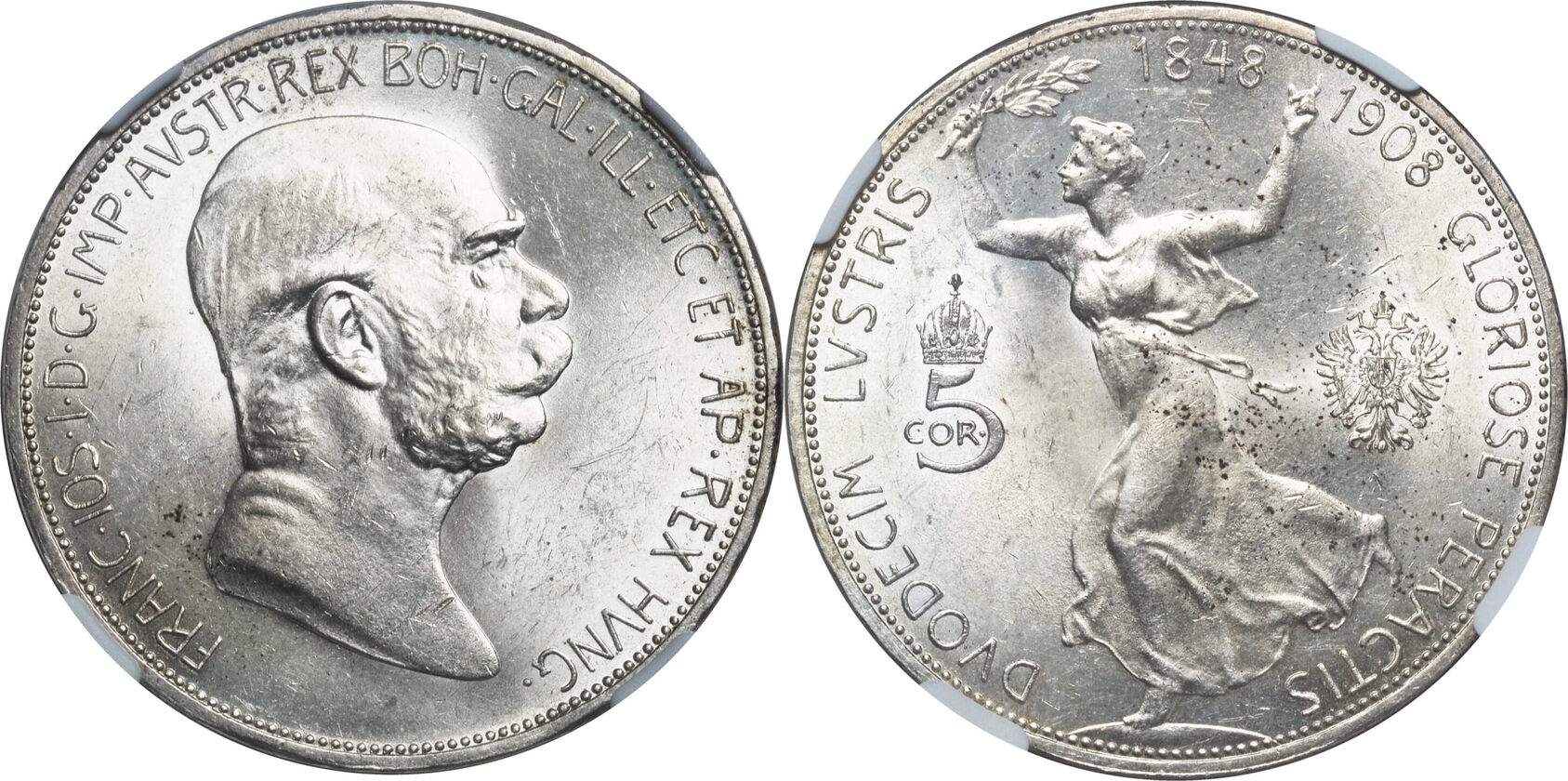 AUSTRIA 5 Corona 1908 Franz Josef I. 50th Anniversary of Reign. NGC MS ...