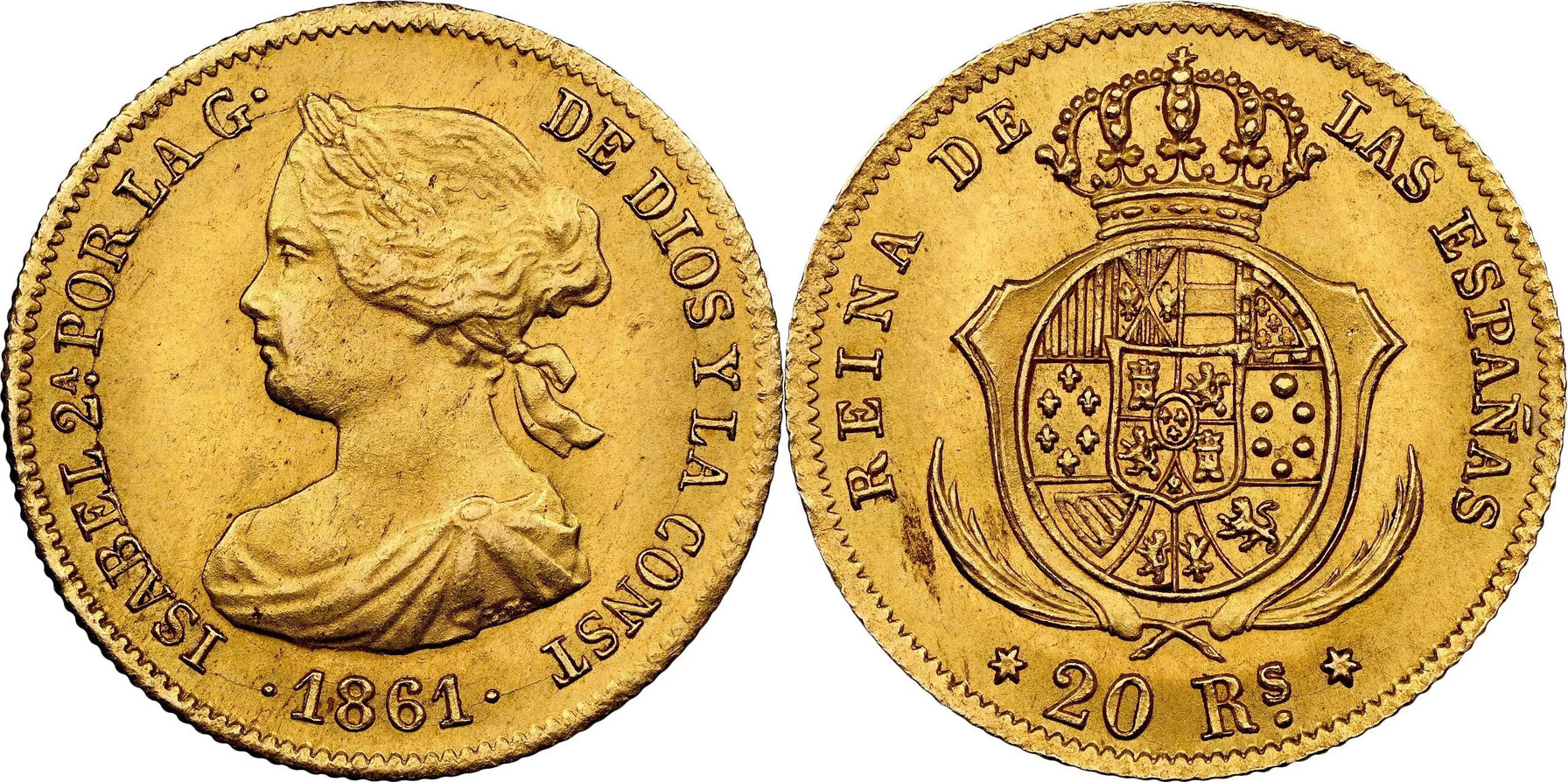 SPAIN 1861 Queen Isabella II. Gold 20 Reales Coin. Low Population! NGC ...
