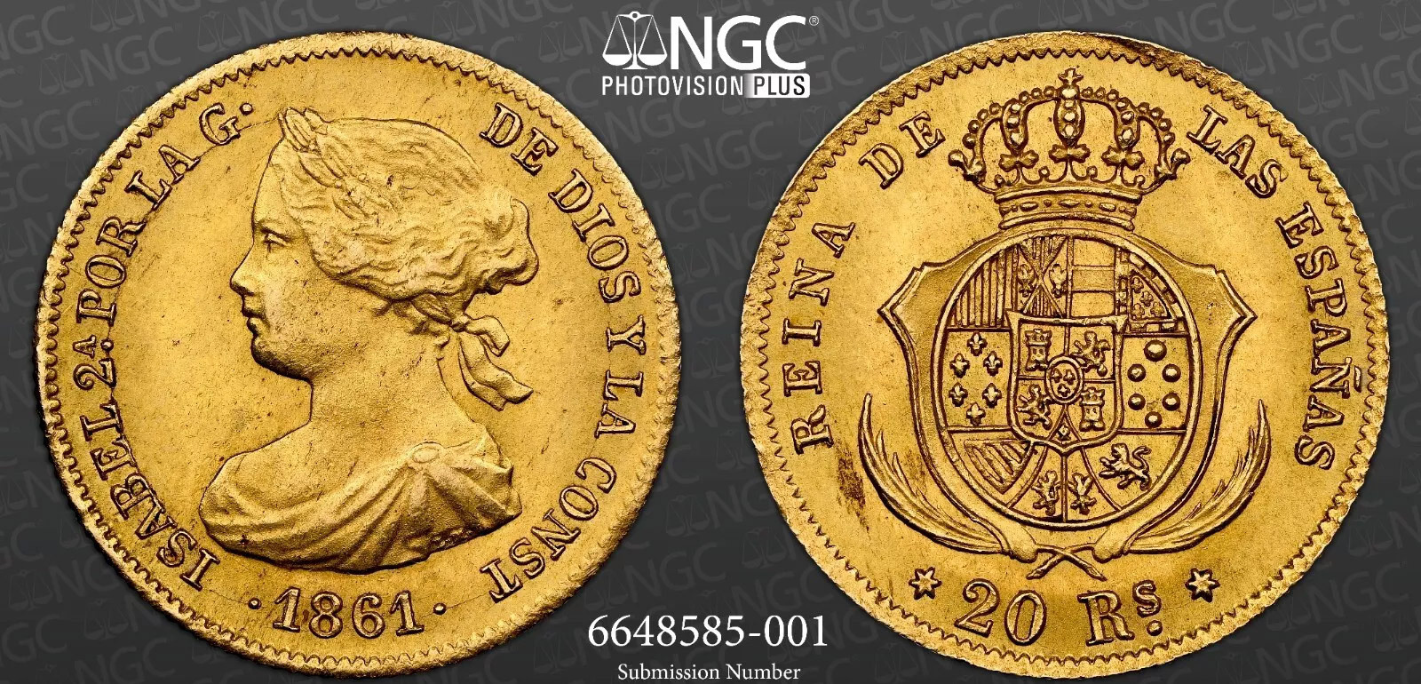 SPAIN 1861 Queen Isabella II. Gold 20 Reales Coin. Low Population! NGC ...