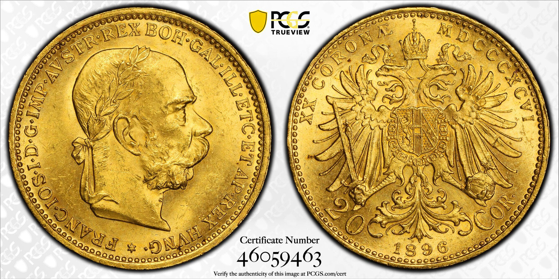 Austria 1896 Emperor Francis Joseph I. Gold 20 Corona Coin. MS63 | MA-Shops