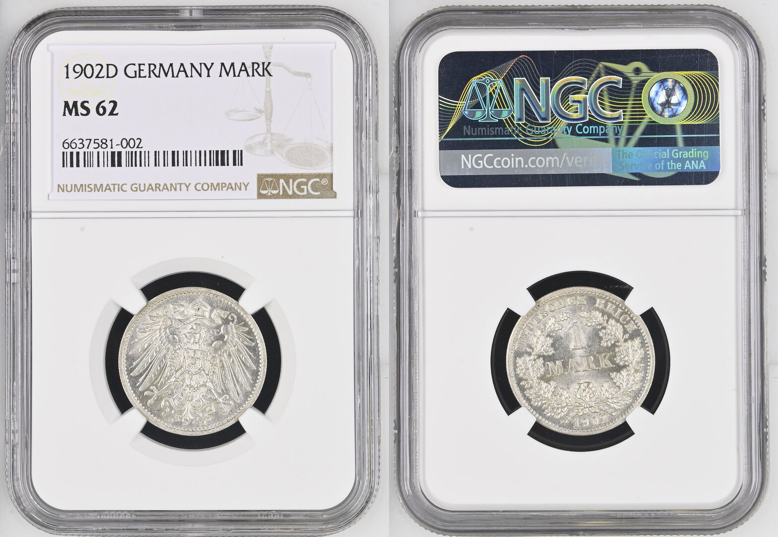 GERMANY 1902 D Silver 1 Mark Coin. Munich mint! NGC MS 62 | MA-Shops