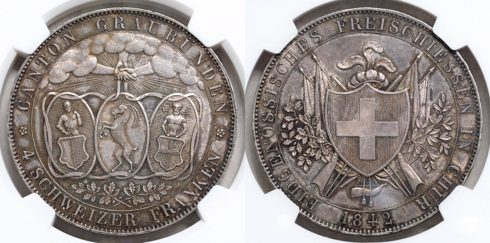 4F 1842 Switzerland, Graubünden. Silver Shooting Thaler Coin. NGC MS 63 ...