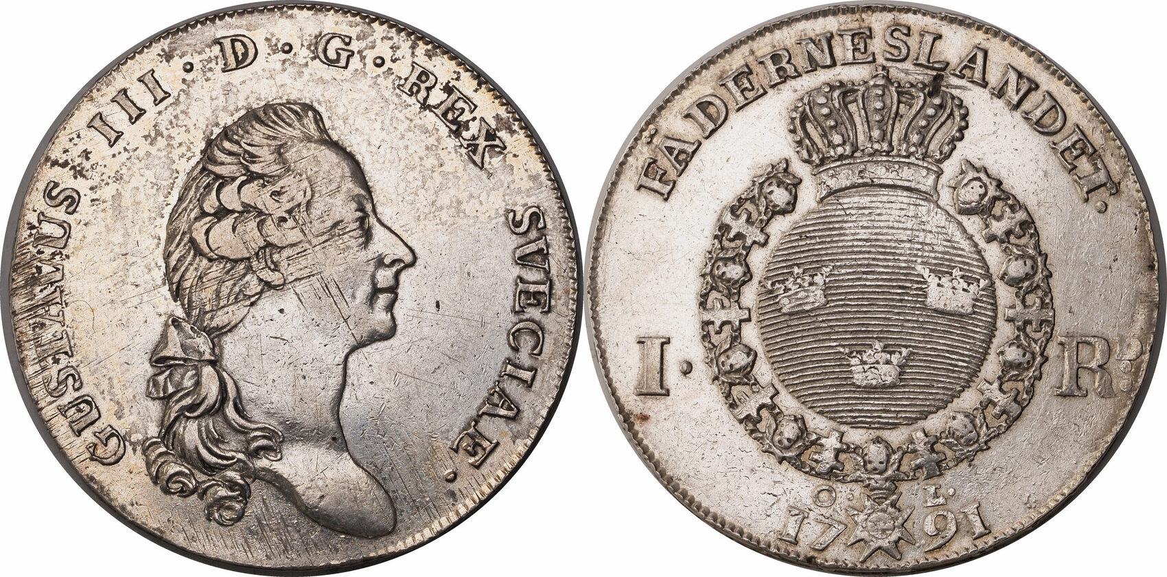 SWEDEN 1791 Gustav III. Silver 1 Riksdaler Coin. XF- (cleaned!) | MA-Shops