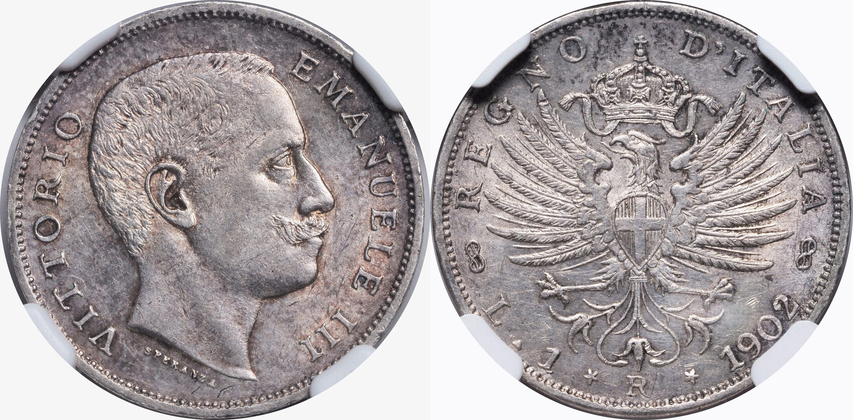 ITALY 1902 R Victor Emmanuel III. Silver 1 Lira Coin. NGC AU 58 | MA-Shops