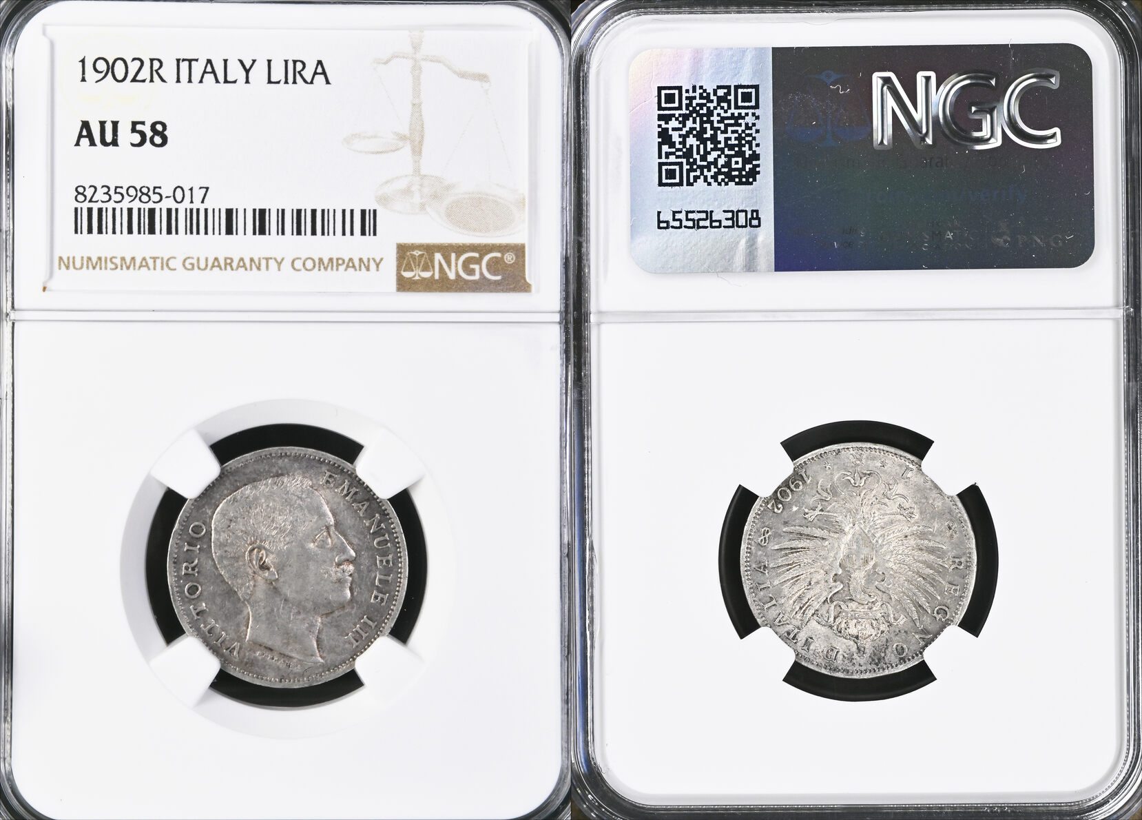 ITALY 1902 R Victor Emmanuel III. Silver 1 Lira Coin. NGC AU 58 | MA-Shops