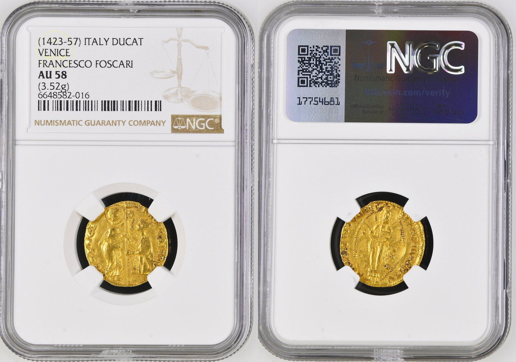 VENICE 1423-1457 Francesco Foscari. Gold Zecchino Ducat Coin. NGC AU 58 ...