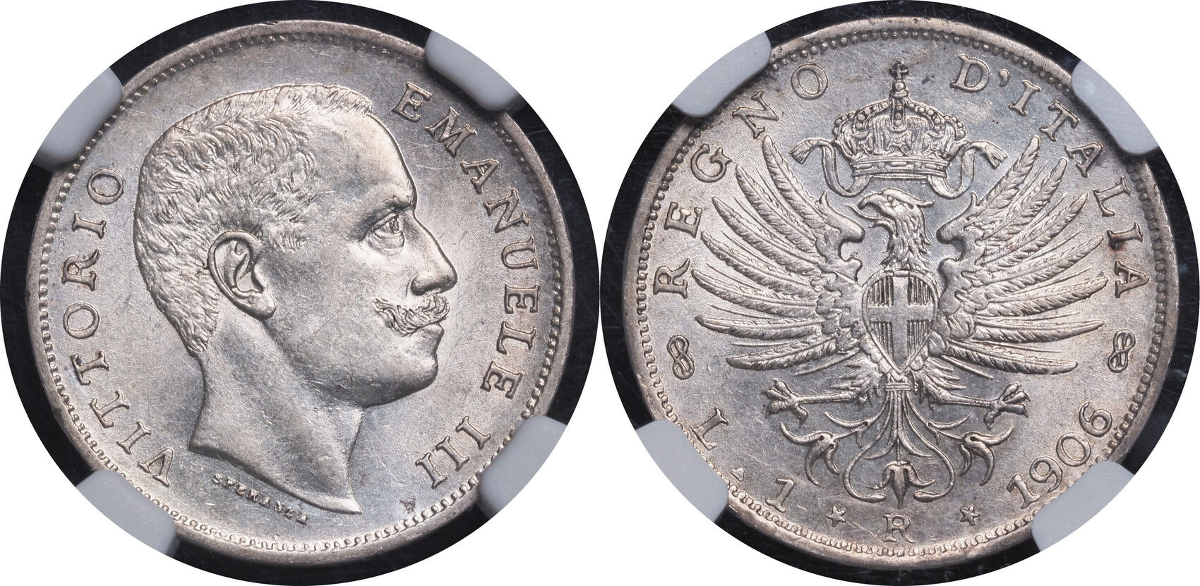 ITALY 1906 R Victor Emmanuel III. Silver 1 Lira Coin. NGC AU 58 | MA-Shops