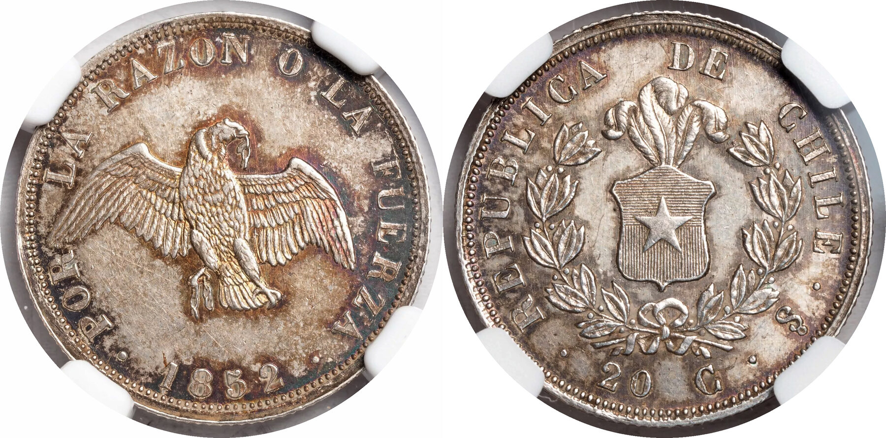 CHILE 1852 Silver 20 Centavos Coin. Key-Date! NGC AU | MA-Shops