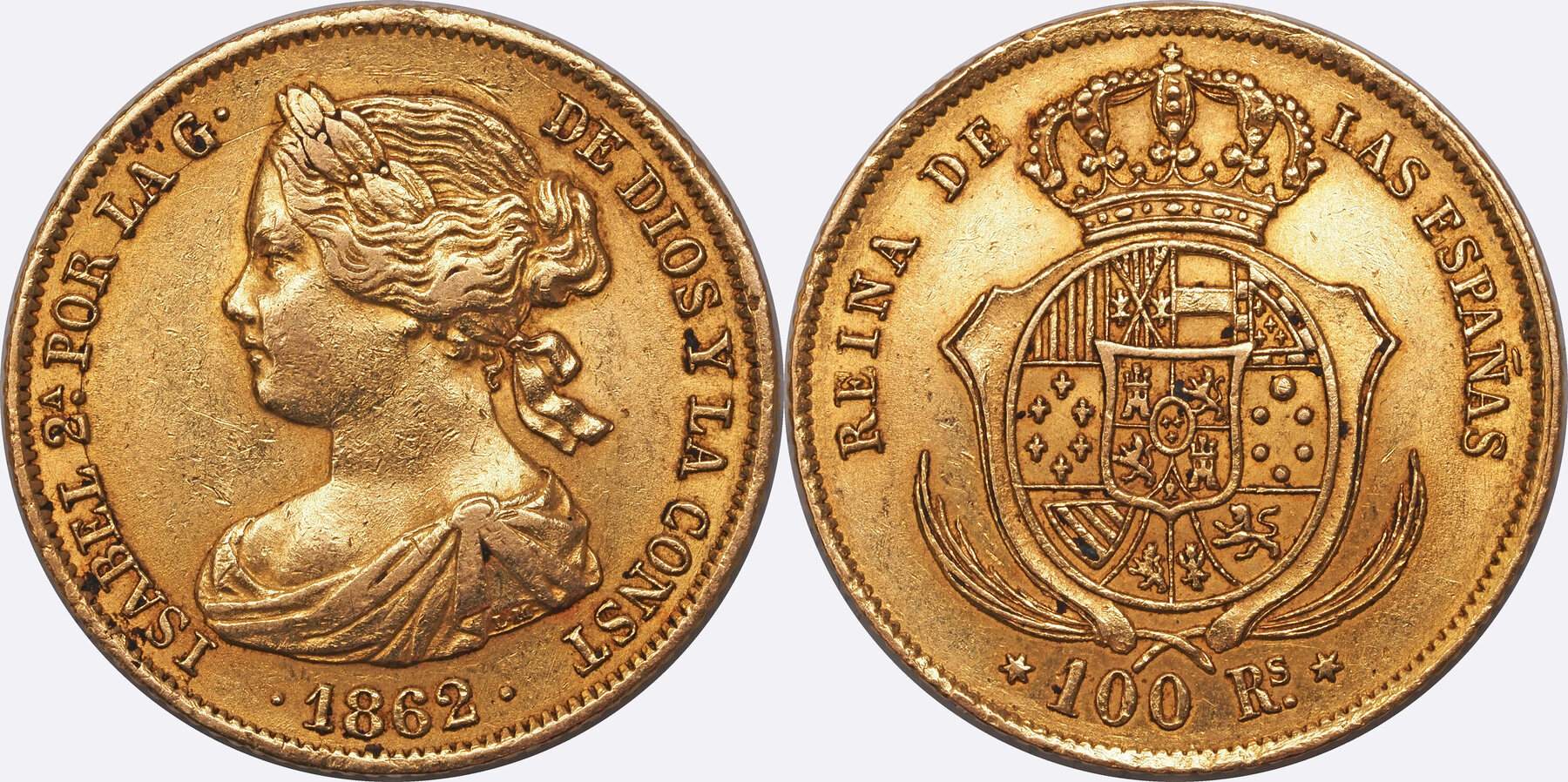 SPAIN 1862 Queen Isabella II. Gold 100 Reales Coin. XF (minor deposits ...