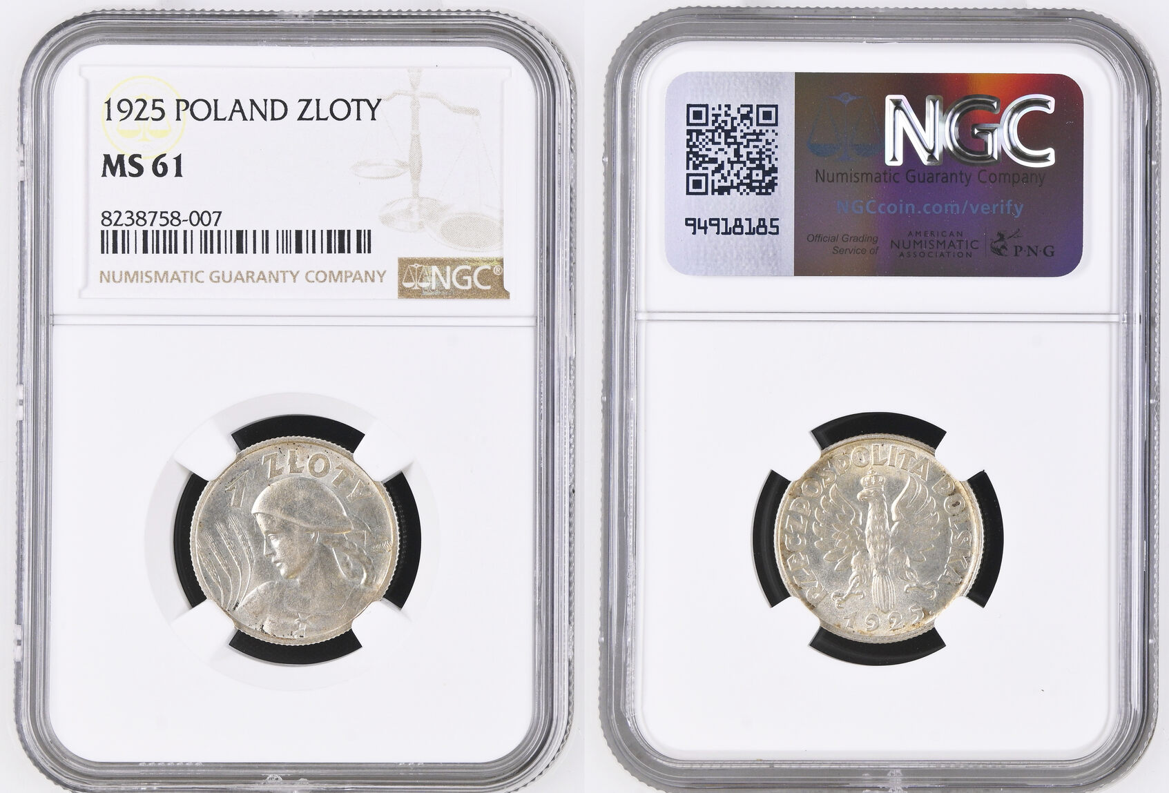 POLAND 1925 Silver 1 Zloty Coin. London mint. NGC MS61 | MA-Shops