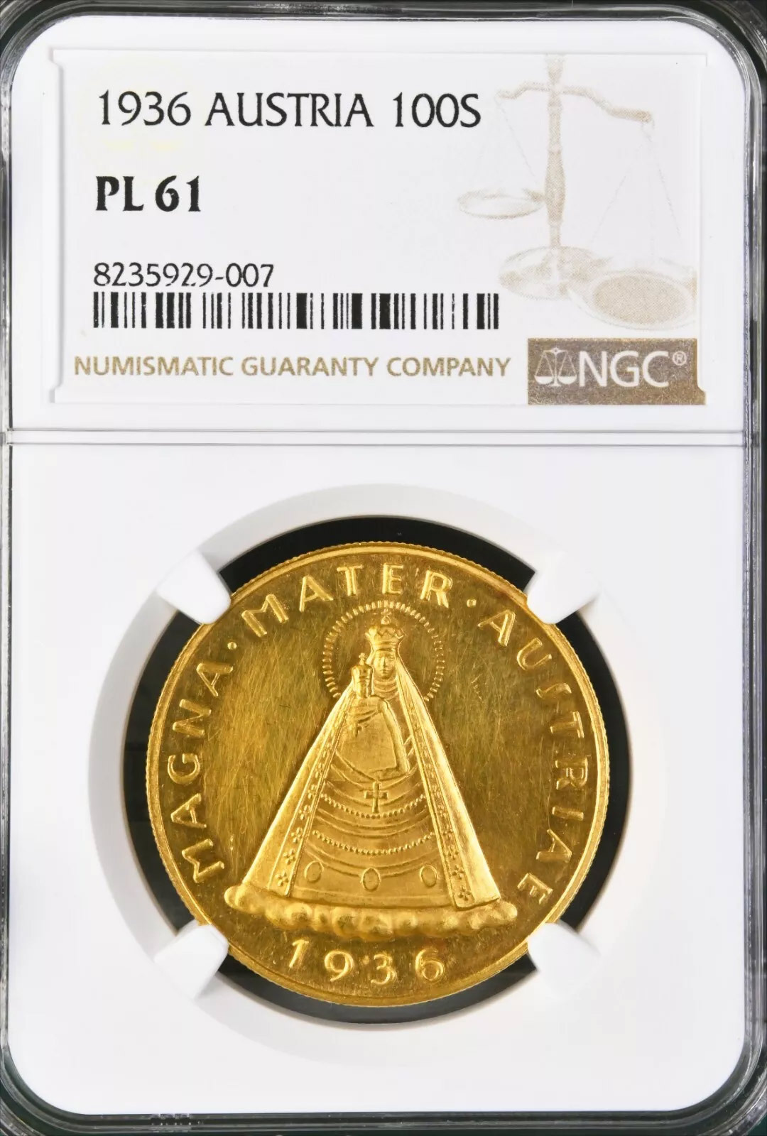1936 Austria (1st Republic). Gold 100 Schilling Coin. NGC PL 61 | MA-Shops