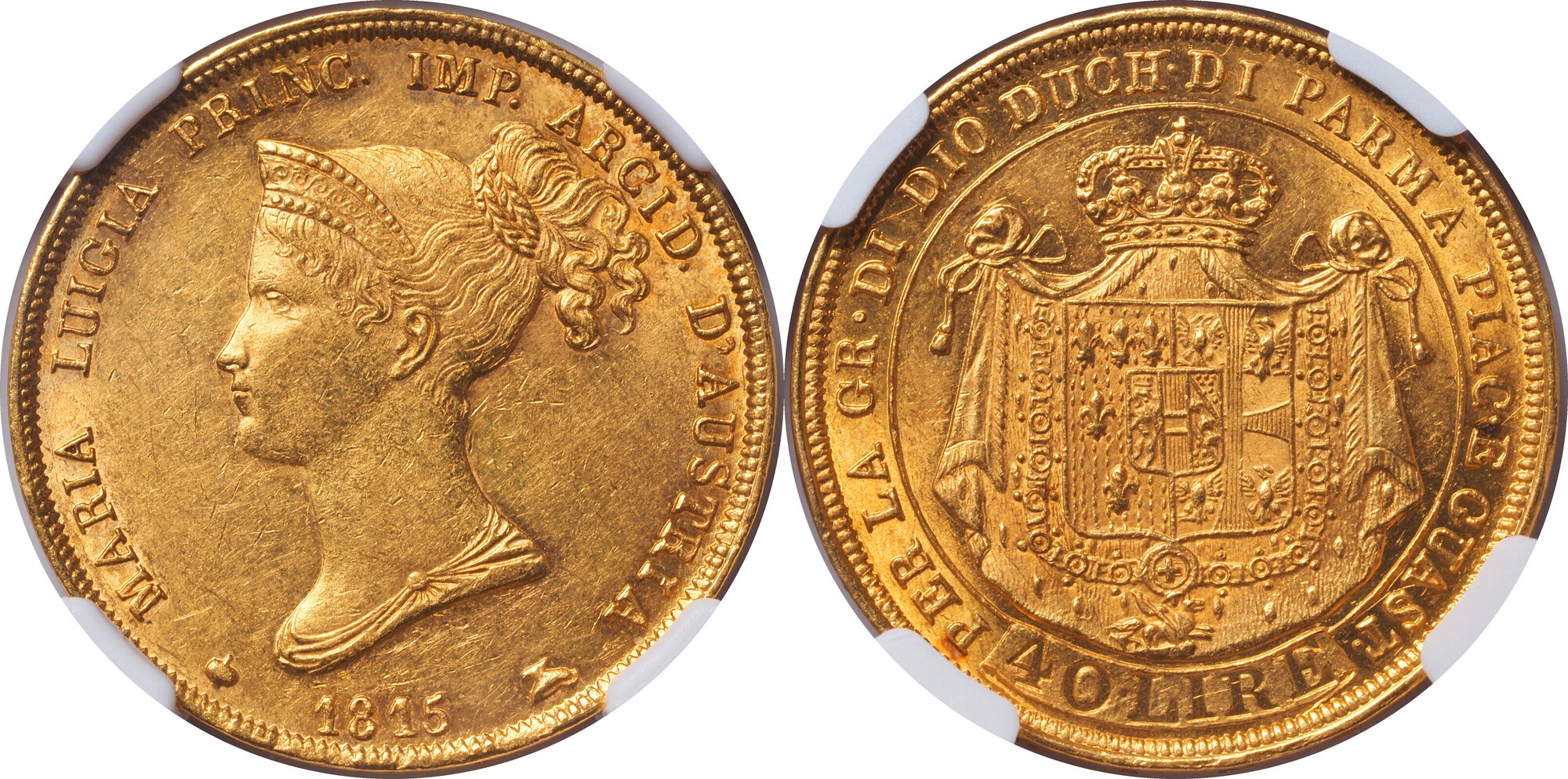 ITALY-PARMA 1815 Marie Louise of Austria. Gold 40 Lire Coin. NGC AU 55 ...