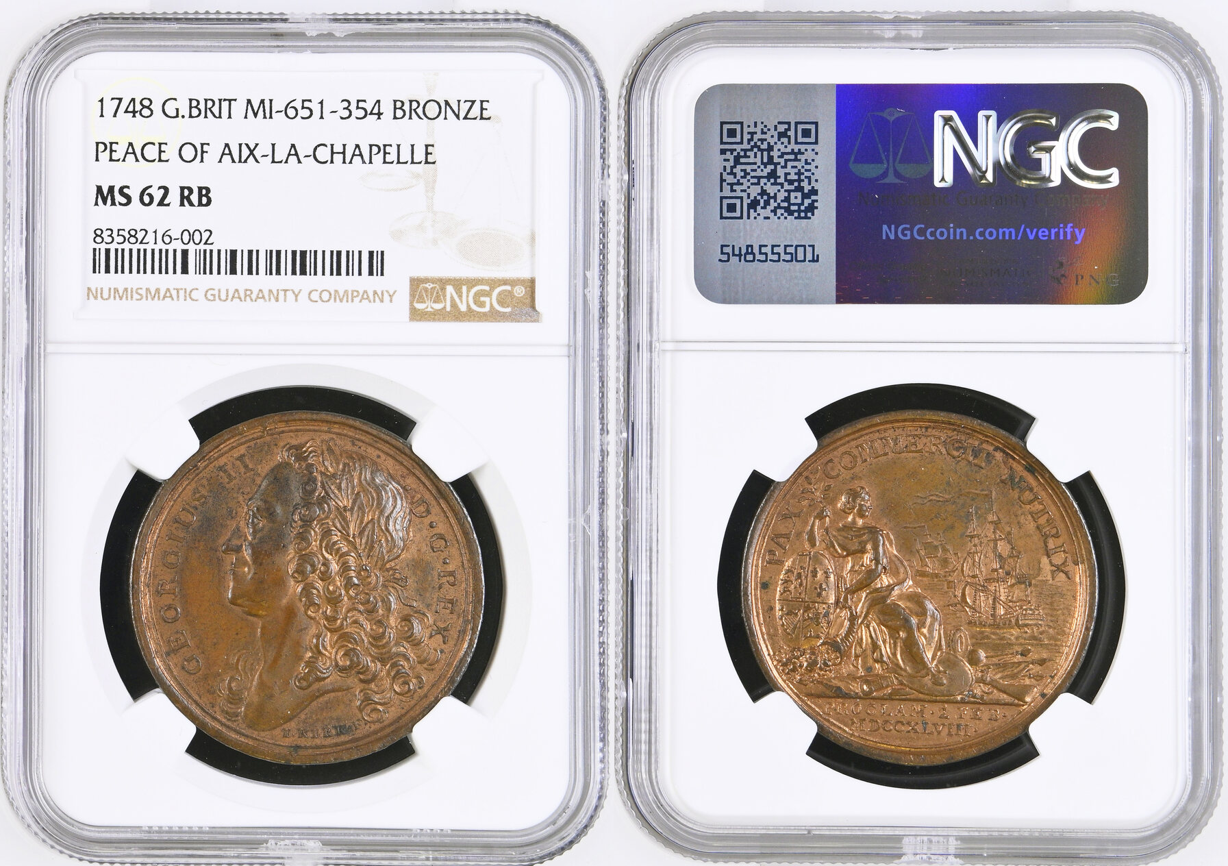 Great Britain 1748 George II. Bronze Medal. Peace of Aix-La-Chapelle Proclaimed. NGC MS 62 RB ...