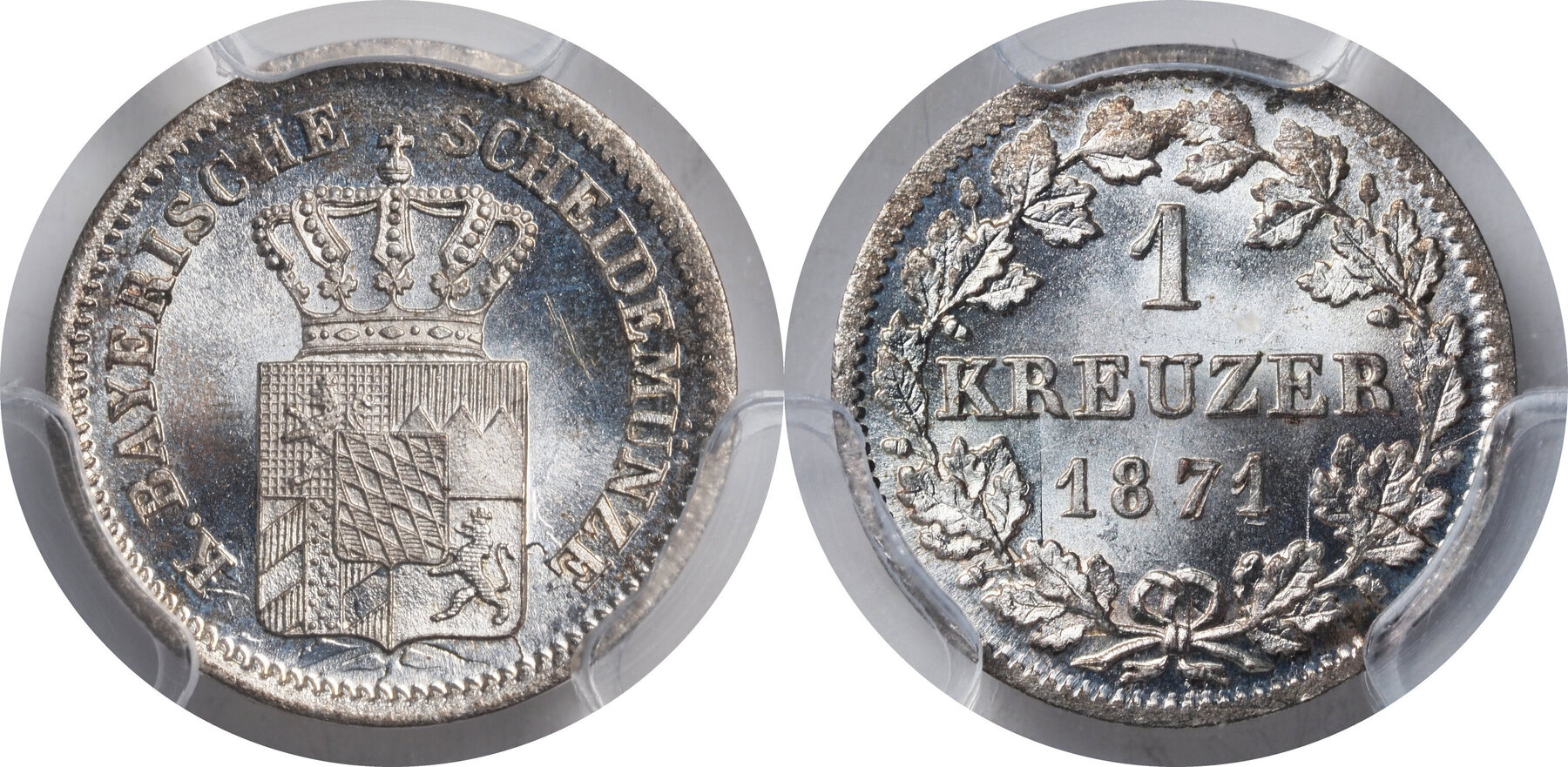 1871 Kingdom of Bavaria, Ludwig II. Silver 1 Kreuzer Coin. MS66 | MA-Shops