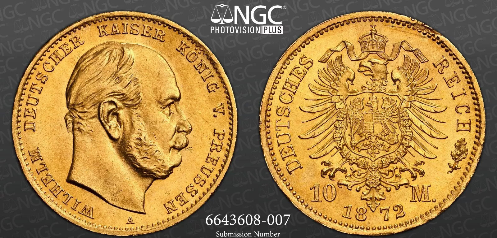 GERMANY 1872 A Kingdom of Prussia, Wilhelm I. Gold 10 Mark Coin. NGC MS ...