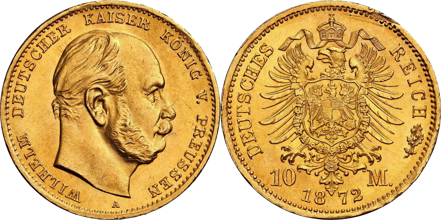 GERMANY 1872 A Kingdom of Prussia, Wilhelm I. Gold 10 Mark Coin. NGC MS ...