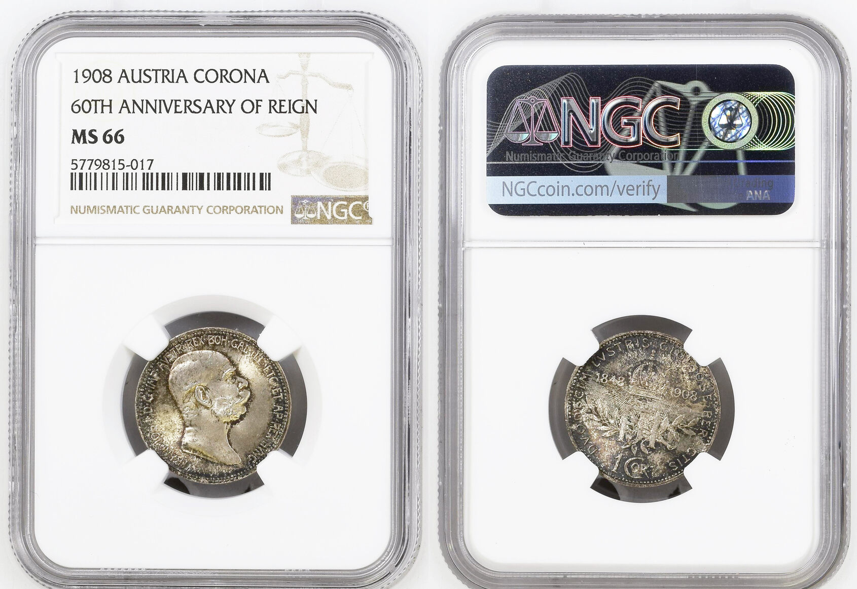 AUSTRIA 1908 Franz Josef I. Silver 1 Corona Coin. 60th Anniversary of Reign! NGC MS 66 | MA-Shops