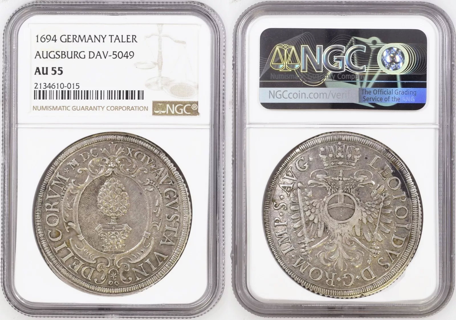 GERMANY TALER 1694 Augsburg (Free City), Leopold I. Silver Thaler Coin. NGC AU 55 | MA-Shops