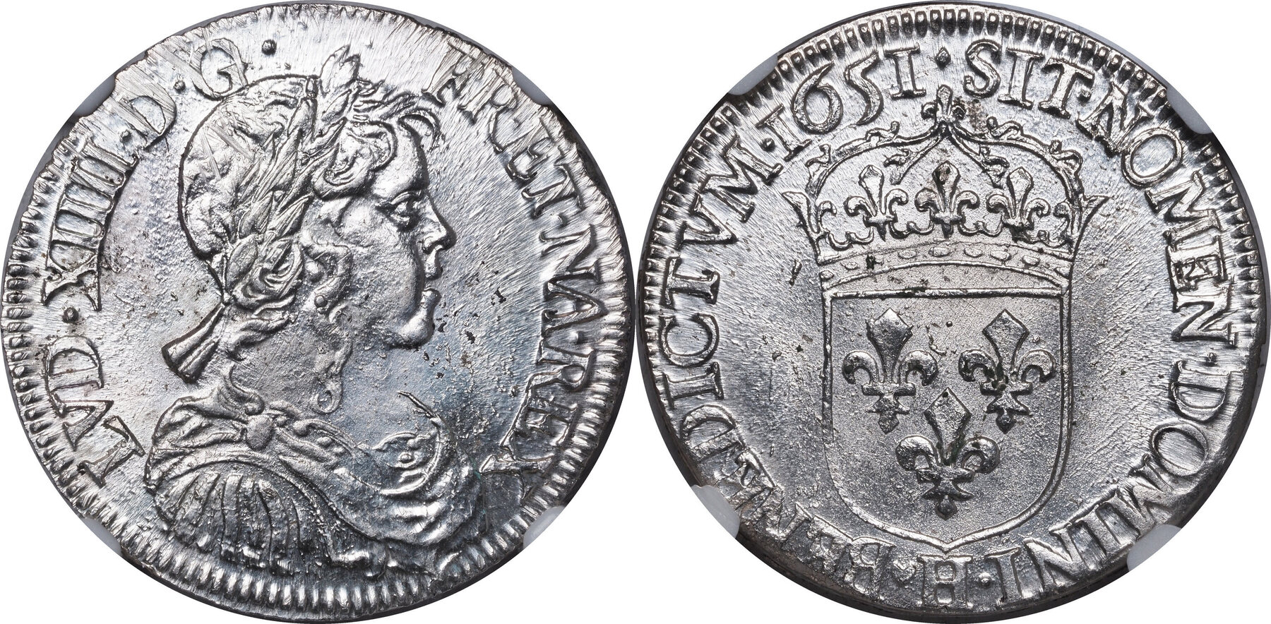FRANCE 1651 H Louis XIV. Silver 1/2 Ecu Coin. La Rochelle! NGC UNC | MA ...