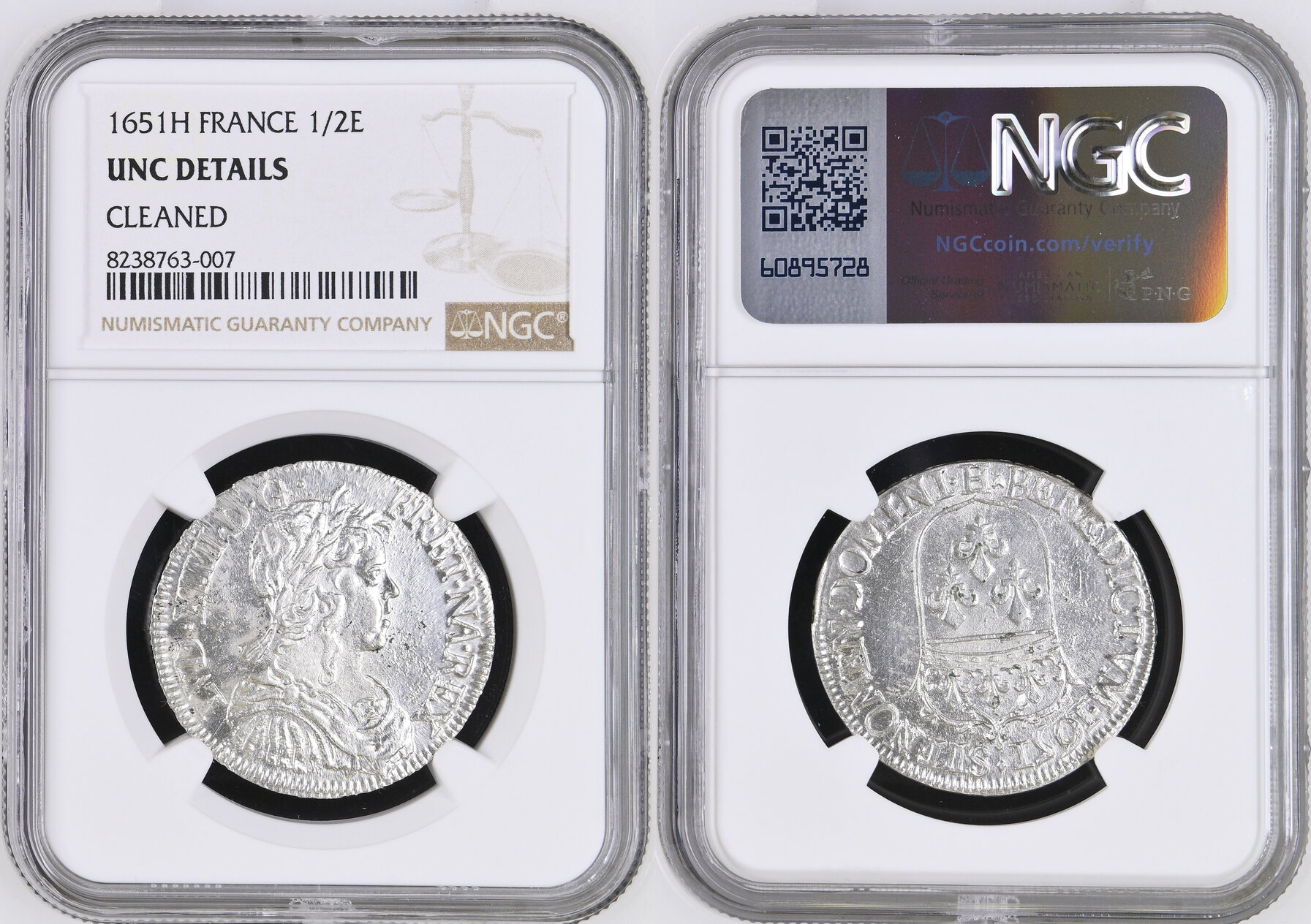 FRANCE 1651 H Louis XIV. Silver 1/2 Ecu Coin. La Rochelle! NGC UNC | MA ...