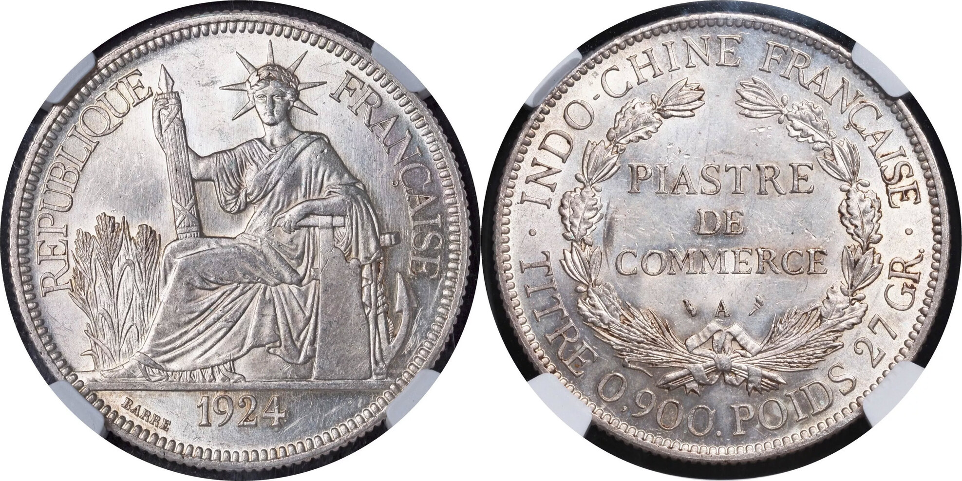 1924 A French Indo-China. Silver Piastre (Trade Dollar) Coin. NGC MS 63 ...