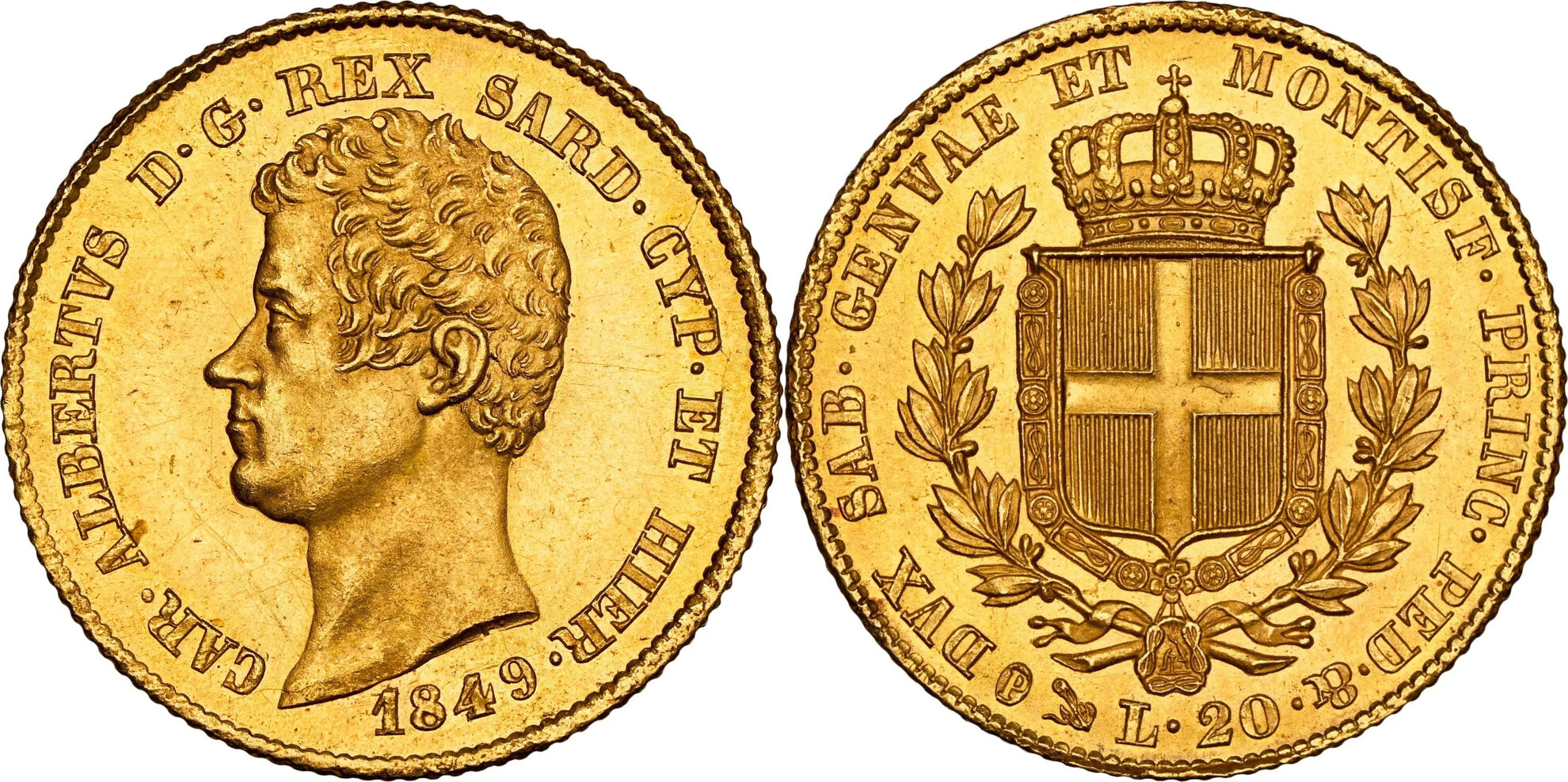ITALY 1849 Sardinia, Charles Albert I. Gold 20 Lire Coin. NGC MS 63 ...