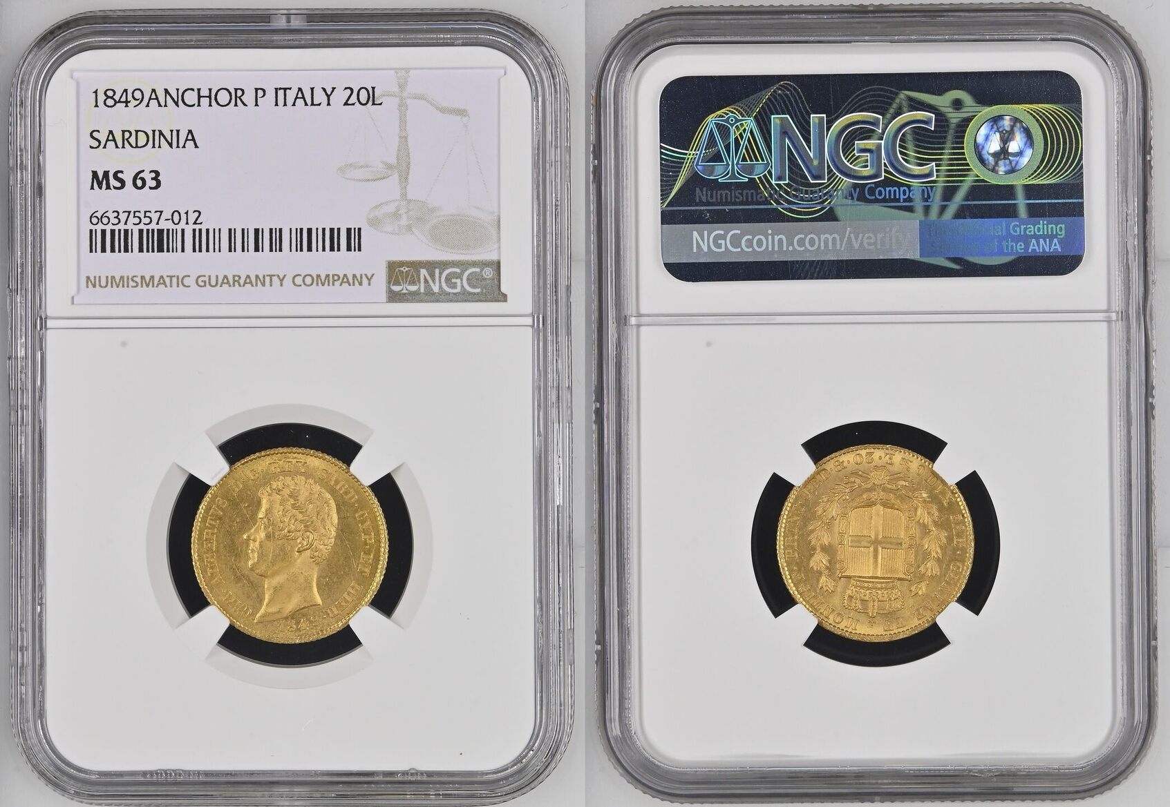 ITALY 1849 Sardinia, Charles Albert I. Gold 20 Lire Coin. NGC MS 63 ...