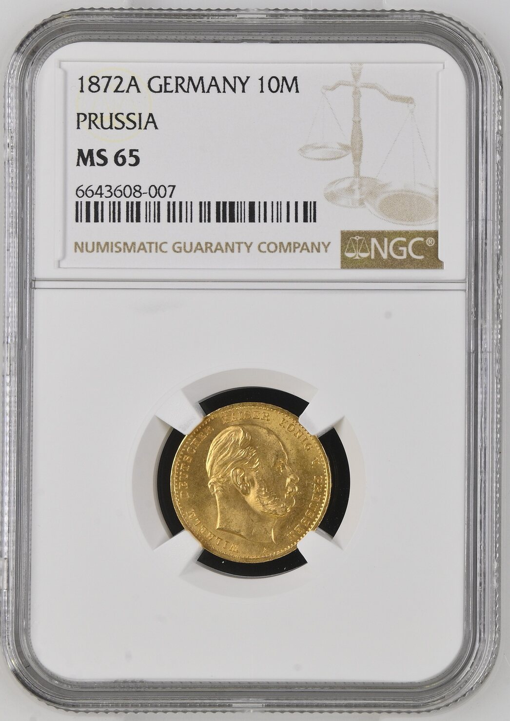 GERMANY 1872 A Kingdom of Prussia, Wilhelm I. Gold 10 Mark Coin. NGC MS ...