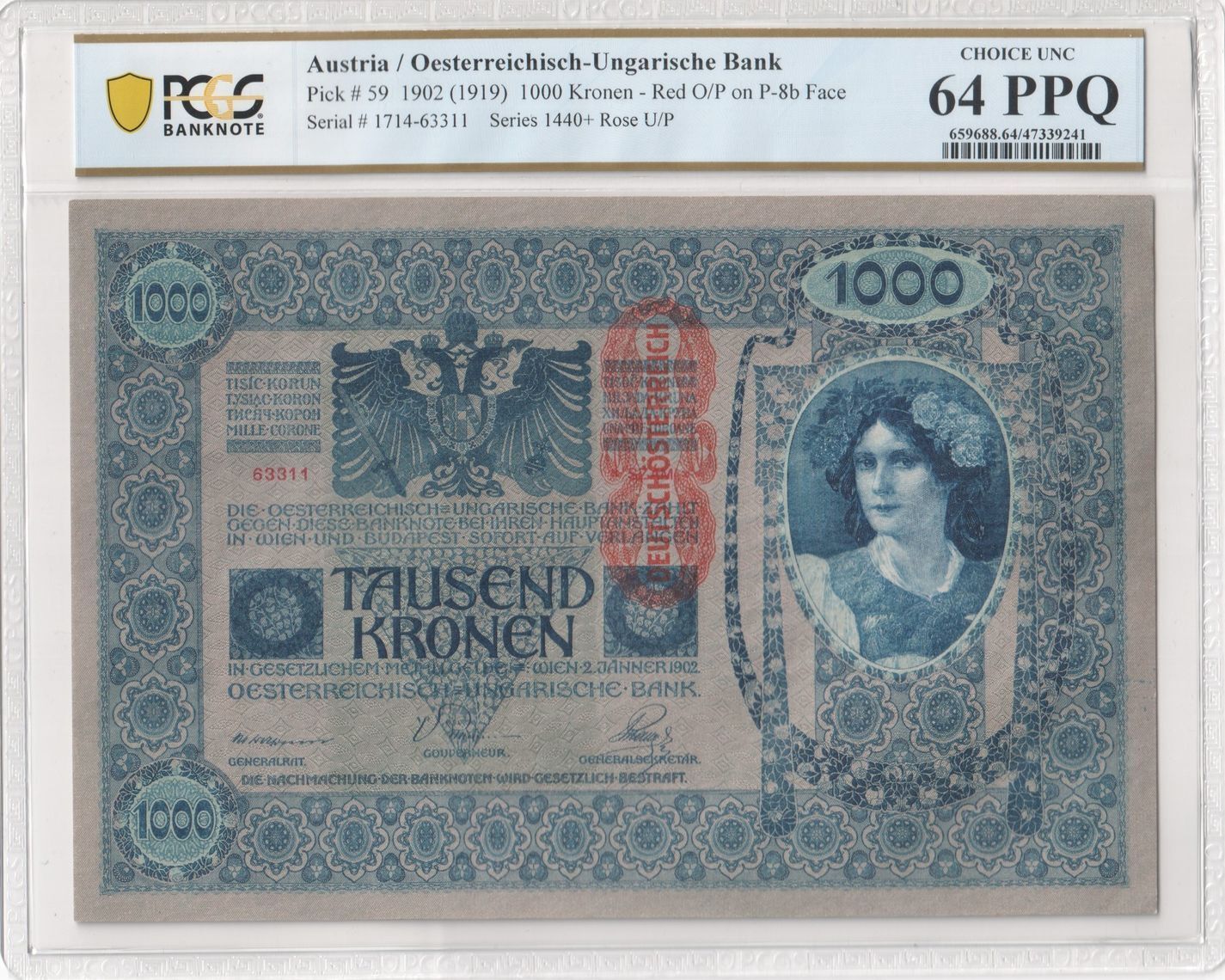 AUSTRIA 1000 Kronen 1902 (1919) Pick # 59. PCGS Choice UNC 63 | MA-Shops