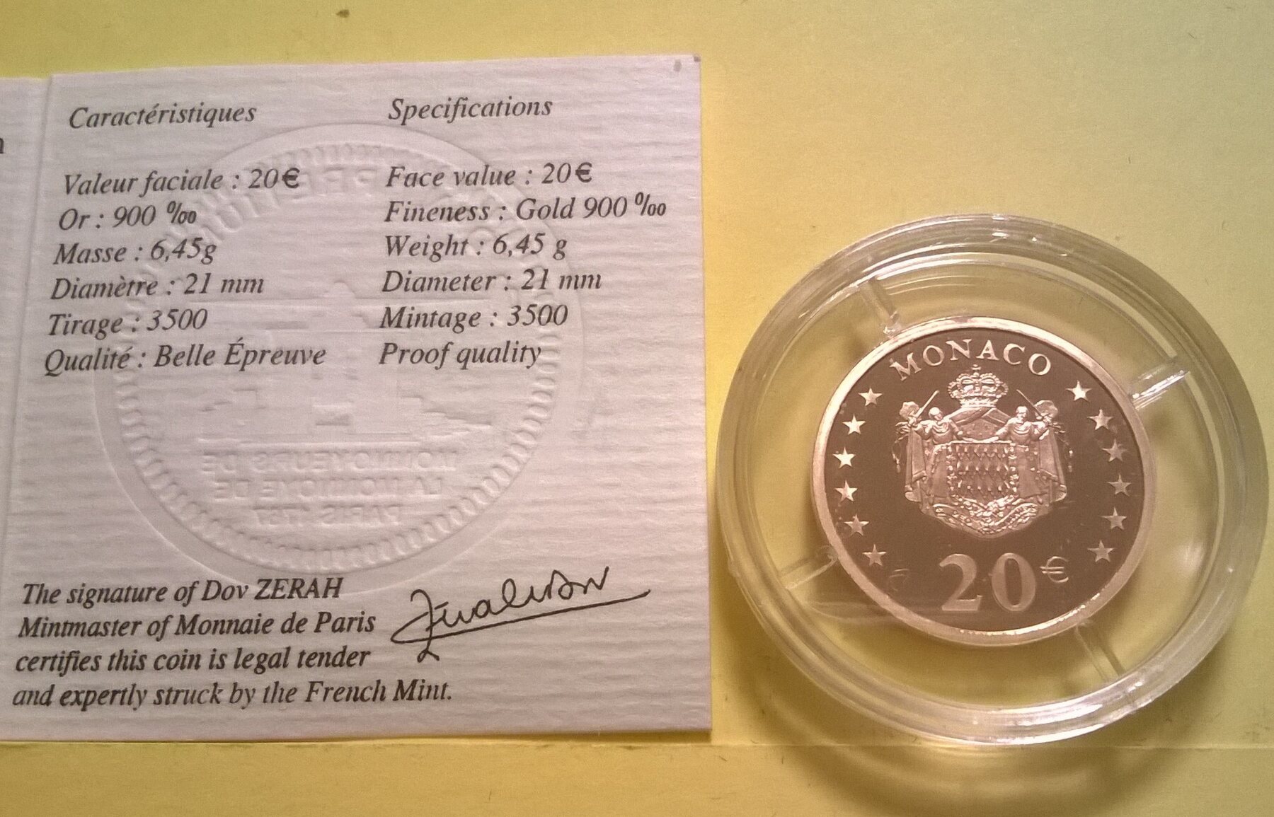Monaco 20 Euro 2002 Rainier III Gold Münze mit Etui und Zertifikat ...