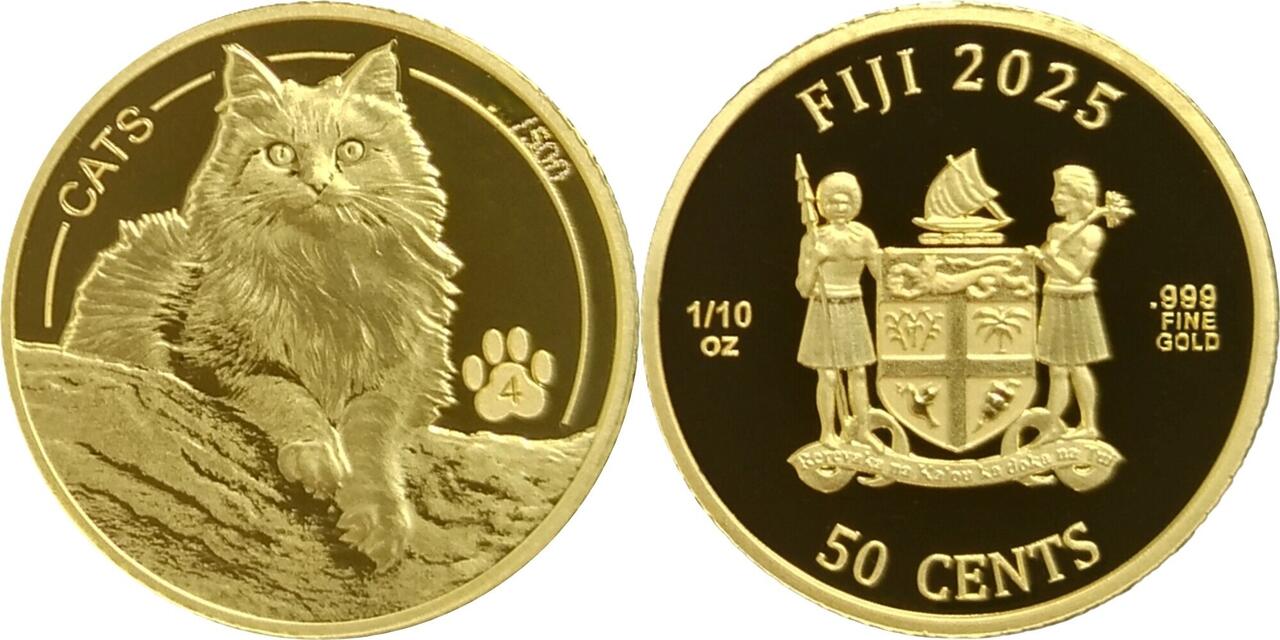 Gold coin 1/10 oz FIJI CATS 4th Edition 2025 Prooflike PL 999.9 Gold 50 ...