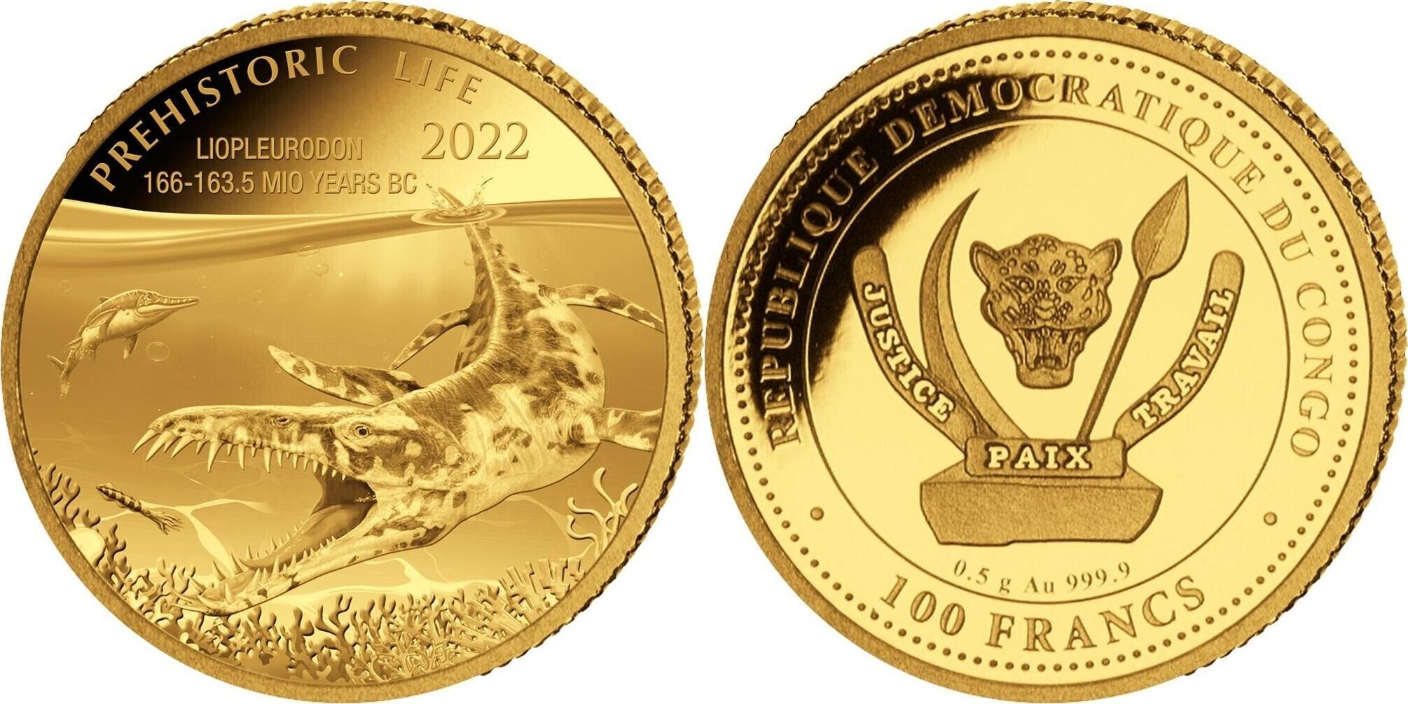 Kongo 100 Francs 2022 Prehistoric Life Liopleurodon Goldcoin Proof | MA ...