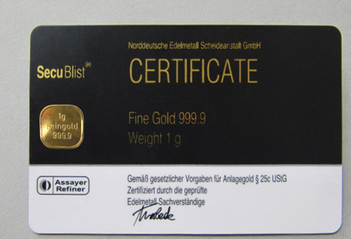 Deutschland 2020 Nes 1 Gram SecuBlist Goldbar in Blister Finegold ...