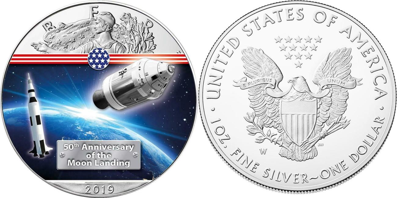 USA 1 Dollar 2019 1 oz silvercoin moonlanding Apollo 11 first edition ...