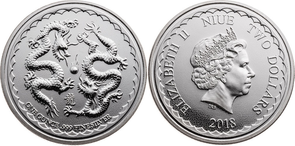 Niue Two Dollar 2018 New Zealand Mint Double Dragon 1 oz Silvercoin ...
