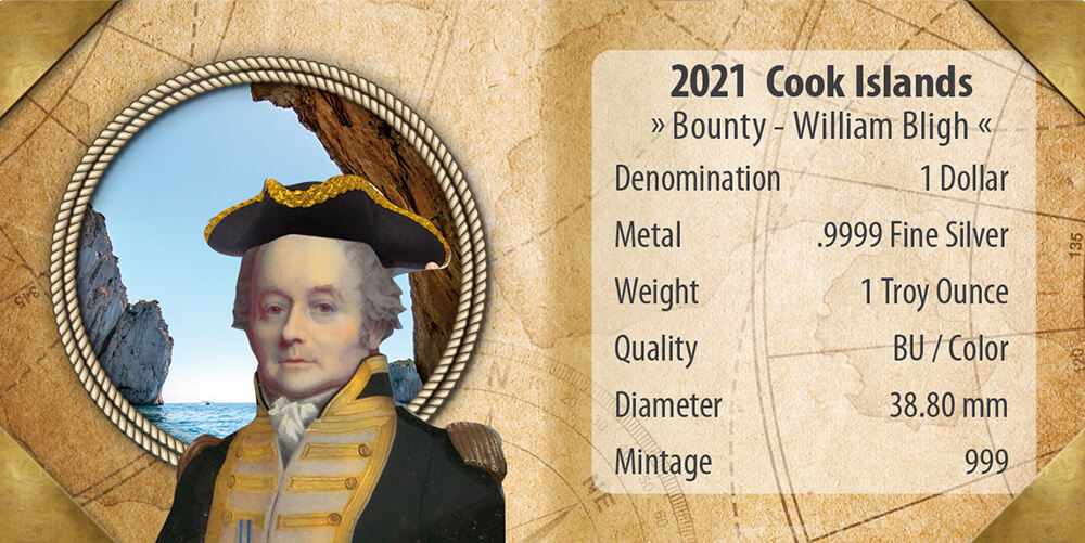 Cook Island 1 Dollar 2021 Sailing Ship Bounty William Bligh with ...