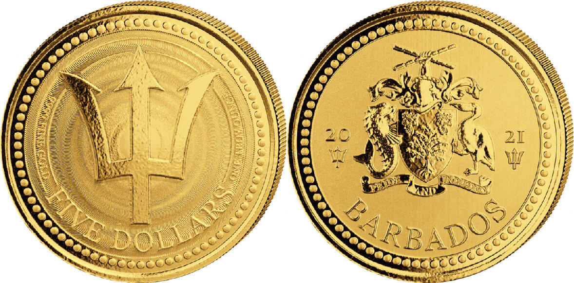 Barbados 2 Dollar 2021 Scottsdale Mint Trident 1/5 oz Goldcoin ...