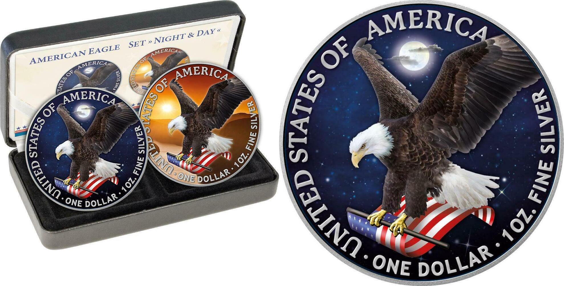 USA 2 x 1 Dollar 2022 American Silver Eagle Night & Day Set Colorized ...