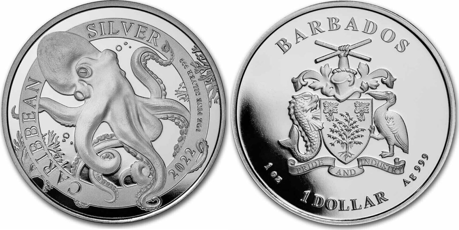 1 Dollar 2022 Barbados Caribbean Octopus 1 oz 999 Silver Coin Brilliant ...