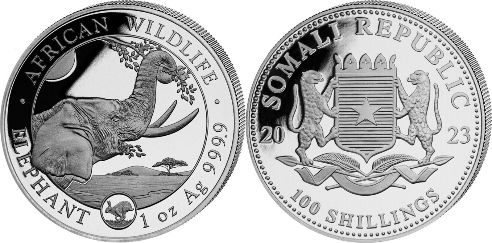 100 Schilling Somalia Elephant 2023 1oz 999 Silver Silver Coin African Wildlife Privy Mark Har ...