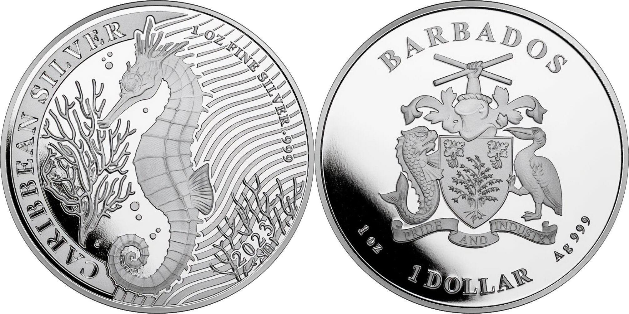 2023 Scottsdale Mint Barbados Seahorse Seahorse 1 oz 999 Silver Coin ST ...