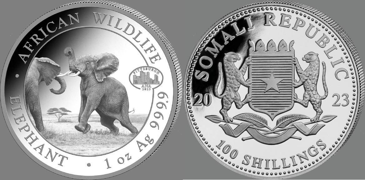 100 Shillings 2023 Somalia Elephant Silver Coin Privy Mark 1 oz 999 Silver ANA Pittsburgh ...