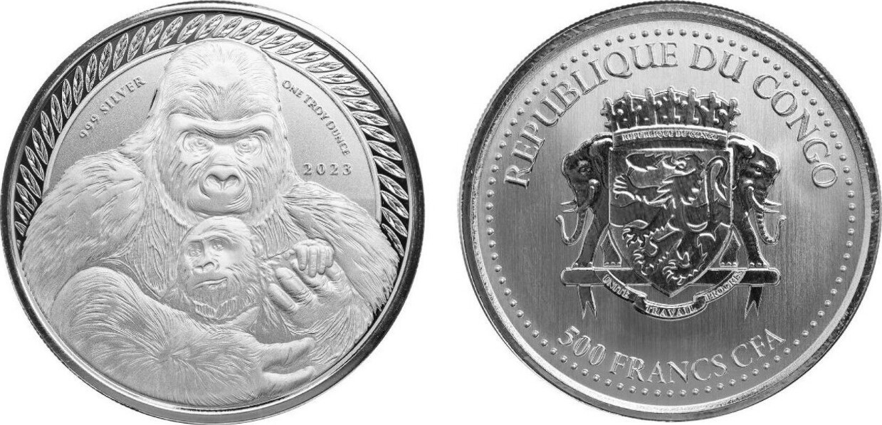 Kongo 500 Francs 2023 Gorilla Silverback Silver Coin 1 oz Scottsdale ...