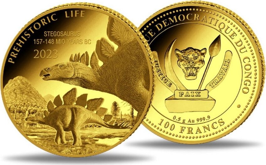 Gold Coin Prehistoric Life Stegosaurus Kongo 100 Francs 0,5 g Gold 2023 ...