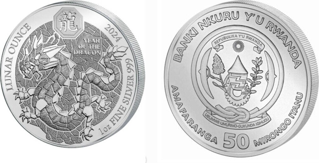 Ruanda 50 Amafaranga Silver coin Lunar Dragon 2024 1 oz Rwanda Year of ...