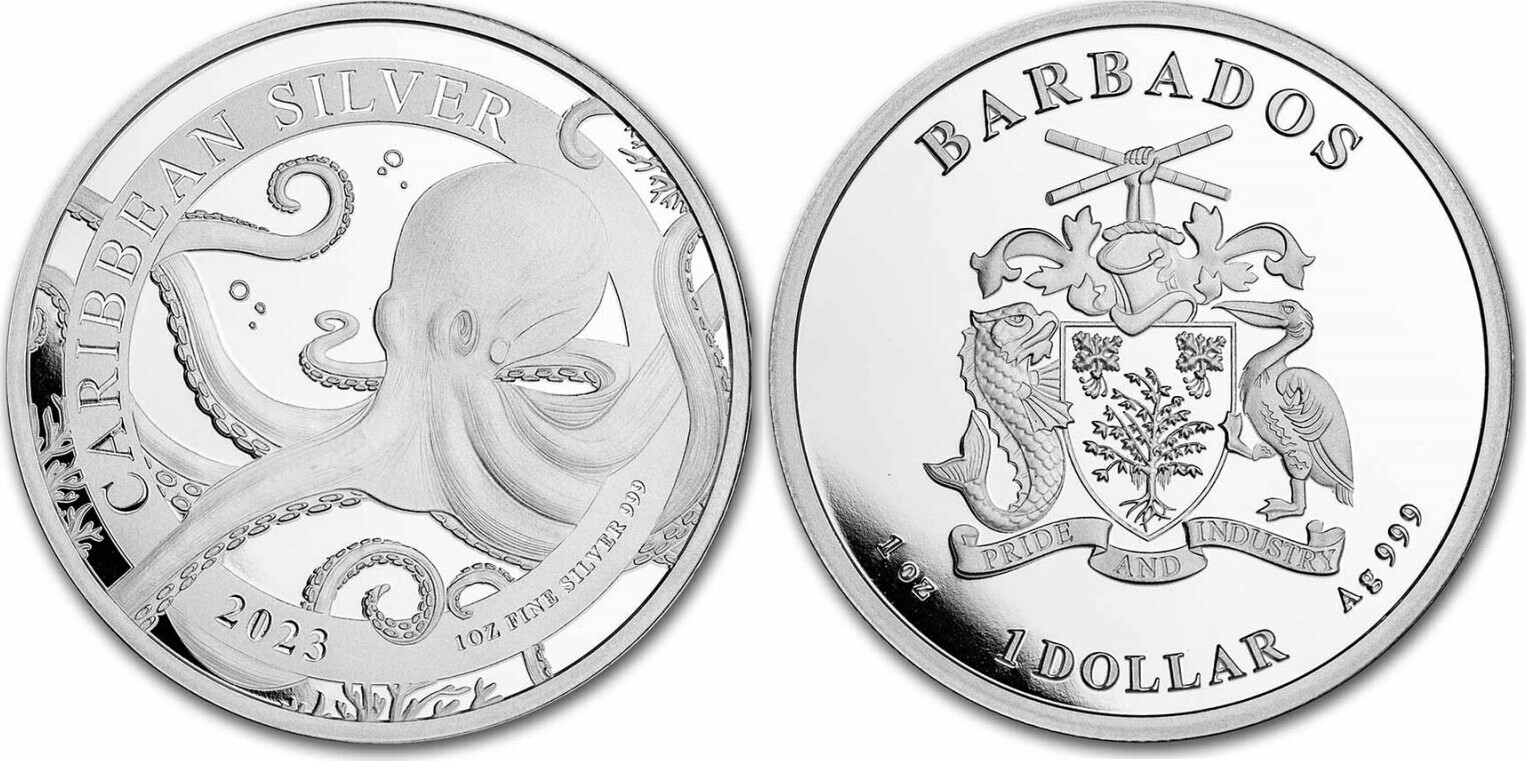 Octopus 1 oz 2023 Barbados Silver Coin 999 Octopus Uncirculated | MA-Shops