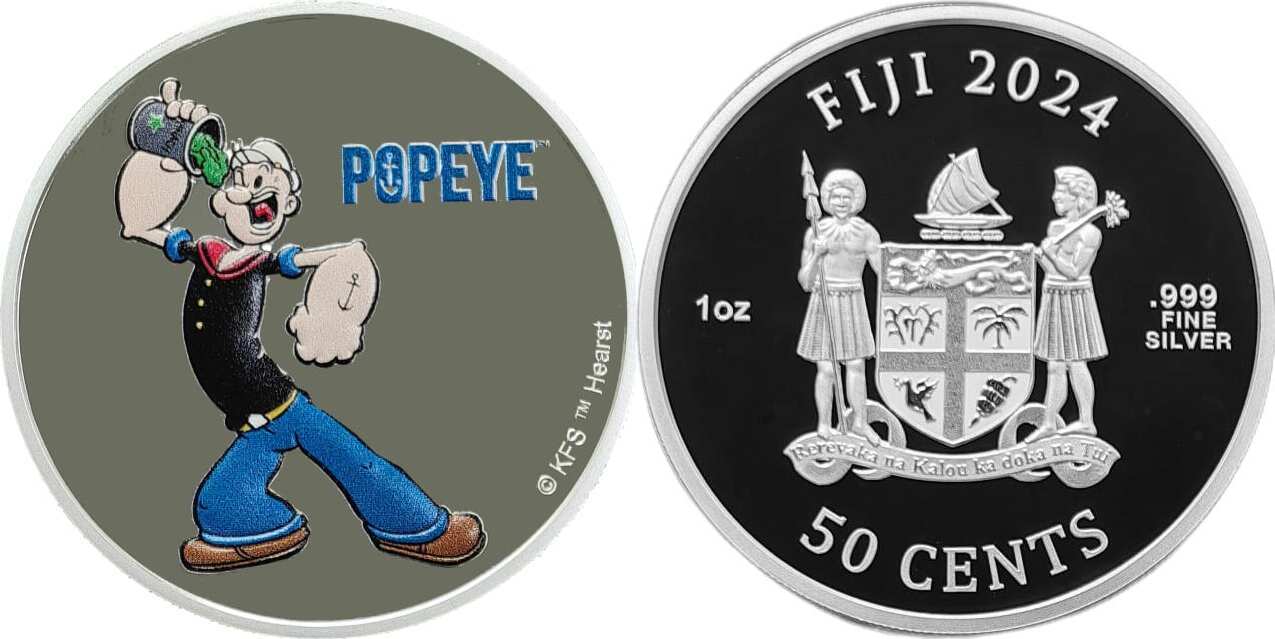 Fidschi Popeye 1 oz 2024 Fiji Color Silver 999 Uncirculated 0.5 FJD ...
