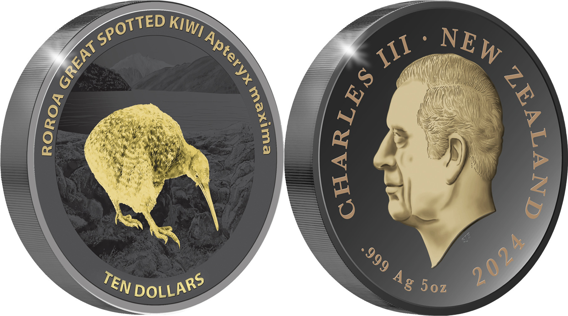 Neuseeland 2024 Kiwi 5 oz New Zealand 10 NZD 999 Silver Black Proof Gilded | MA-Shops
